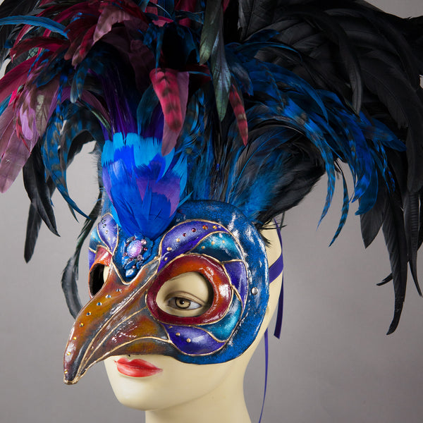 Purple Magpie Bird Masquerade Mask with feather crest, Swarovski cryst ...