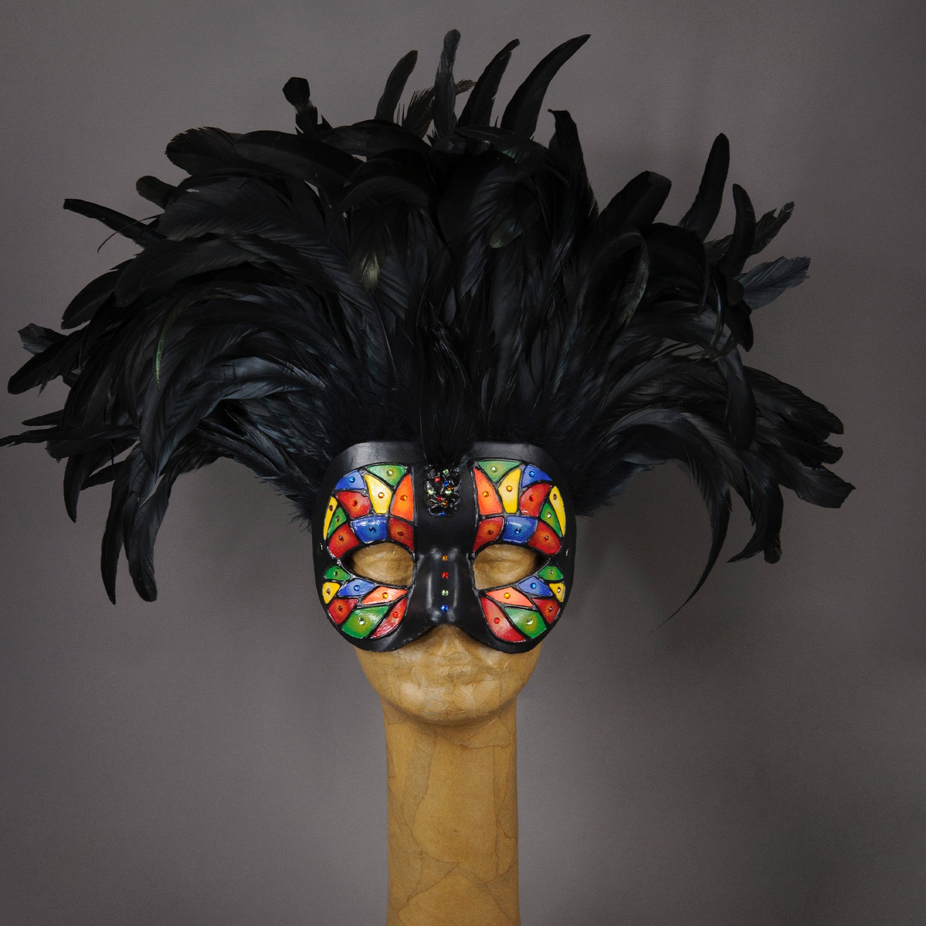Stained glass rainbow Masquerade Mask with feather crest, Swarovski cr ...